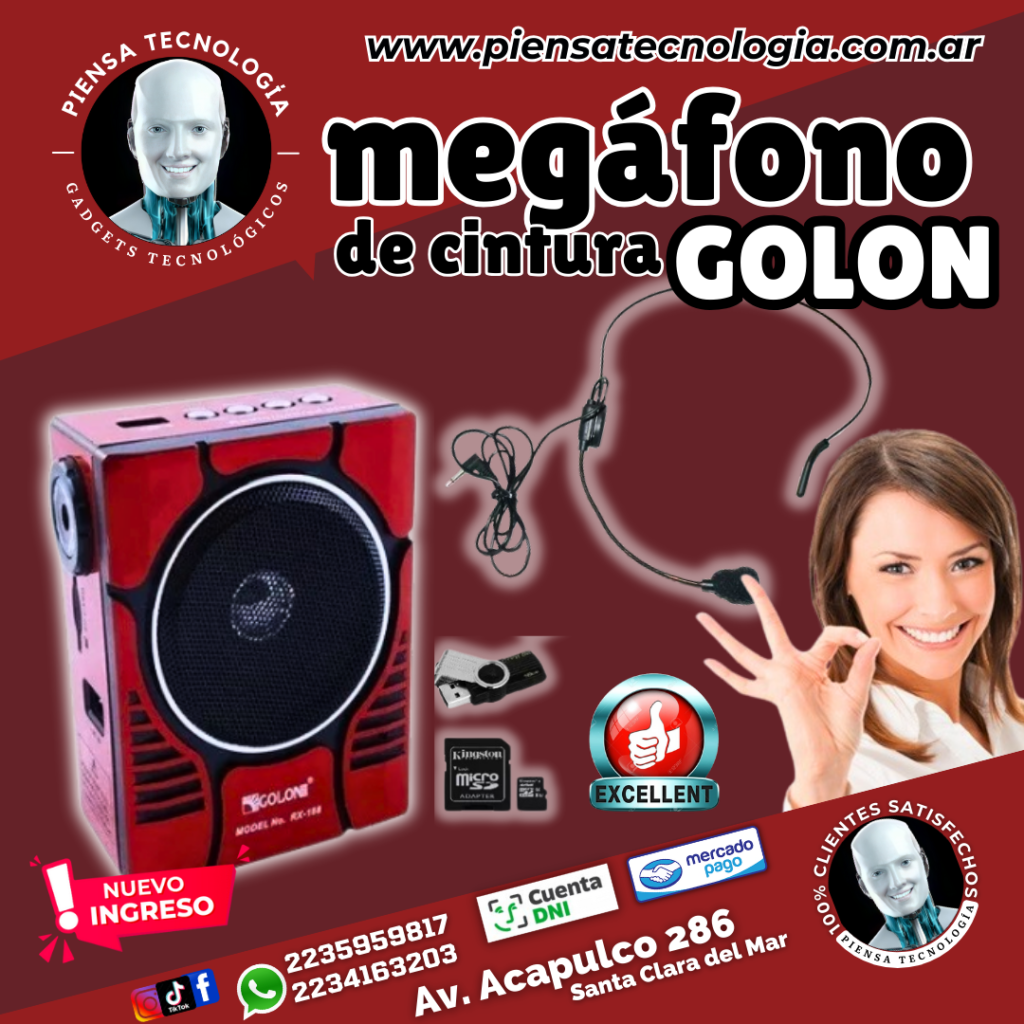 MEGÁFONO DE CINTURA GOLON – MULTIFUNCIÓN – RECARGABLE — PiensaTecno GT ...